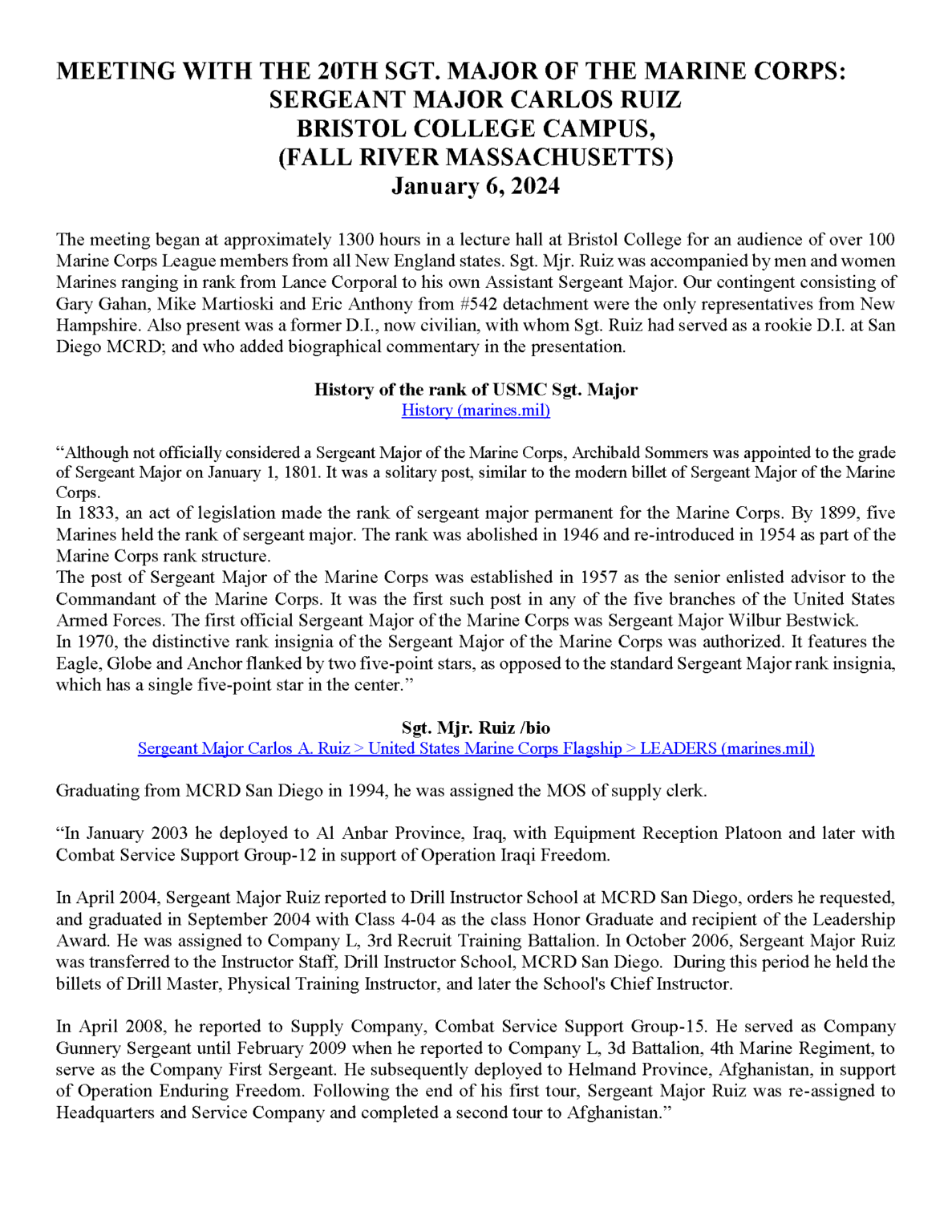 Meeting with Sergeant Major Carlos Ruiz - Granite State Marines